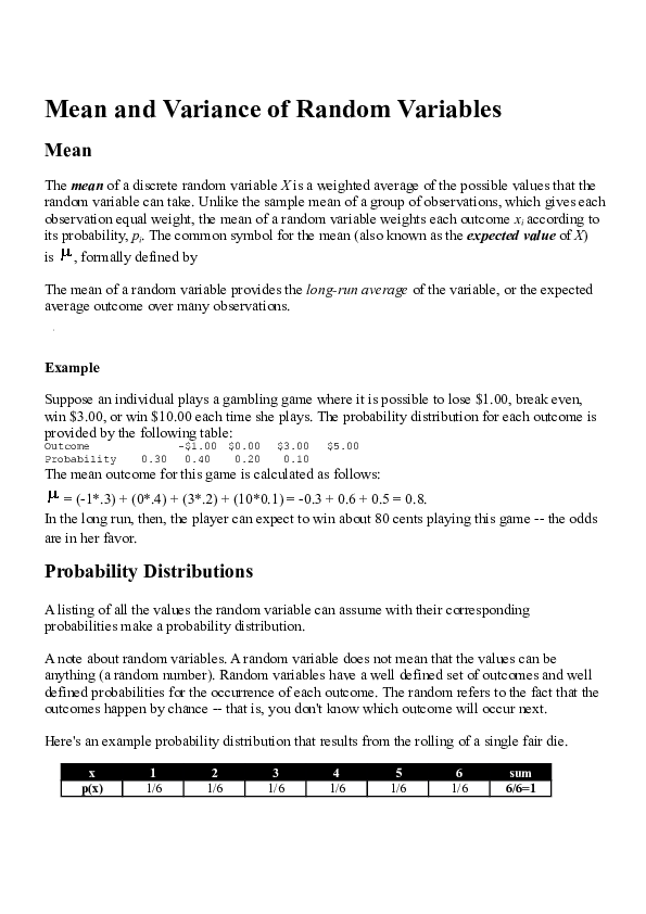 (DOC) Mean and Variance of Random Variables