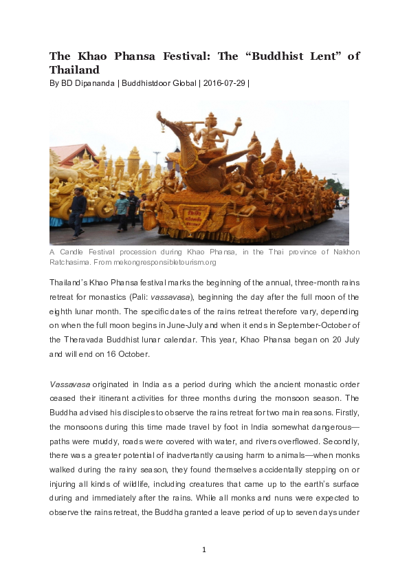 (PDF) The Khao Phansa Festival: The " Buddhist Lent " of Thailand