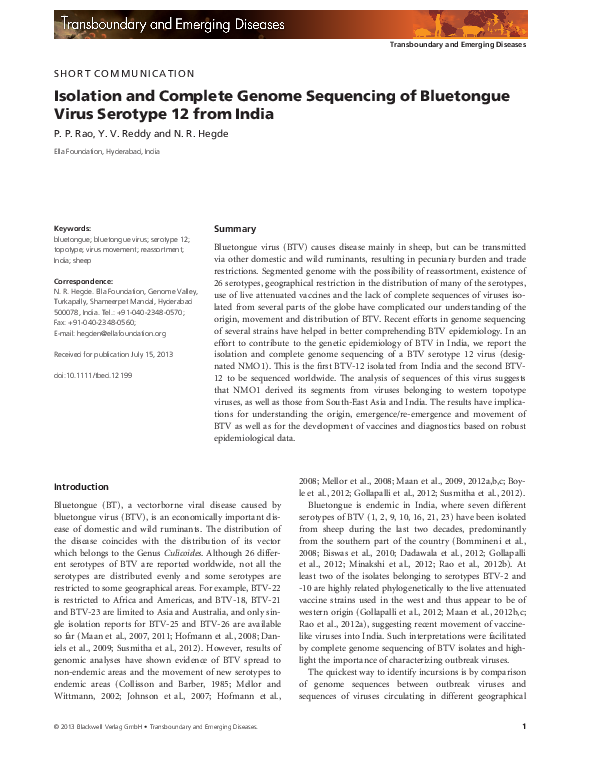 (PDF) Isolation and Complete Genome Sequencing of Bluetongue Virus ...