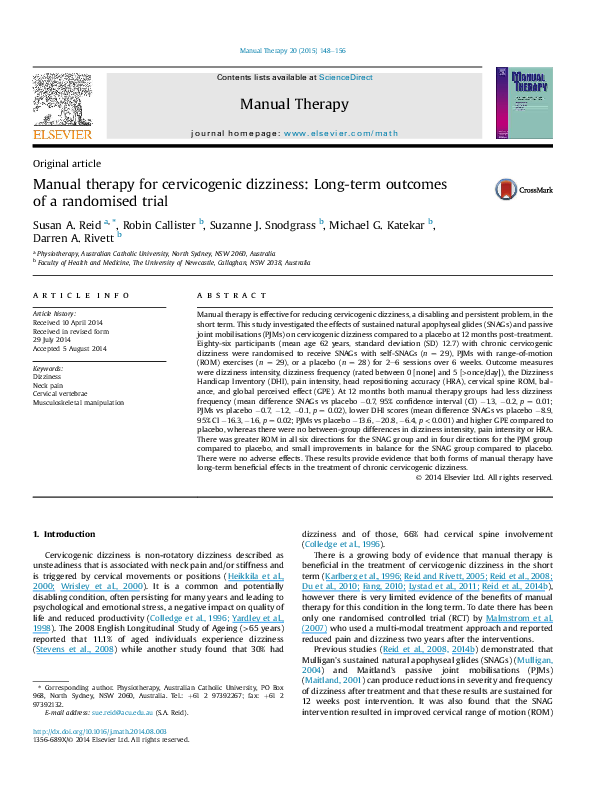 (PDF) Manual therapy for cervicogenic dizziness: Long-term outcomes of a randomised trial