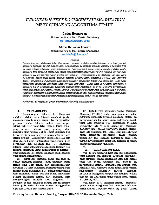 (DOC) INDONESIAN TEXT DOCUMENT SUMMARIZATION MENGGUNAKAN ALGORITMA TF*IDF (DOC) INDONESIAN TEXT DOCUMENT SUMMARIZATION MENGGUNAKAN ALGORITMA TF*IDF
