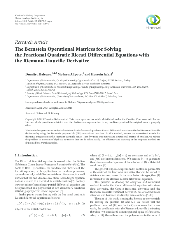 Pdf The Bernstein Operational Matrices For Solving The Fractional Quadratic Riccati
