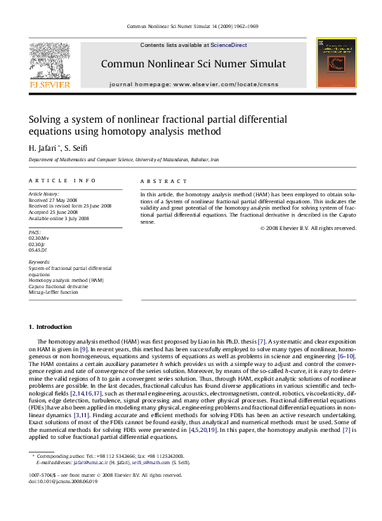 Pdf Solving A System Of Nonlinear Fractional Partial Differential