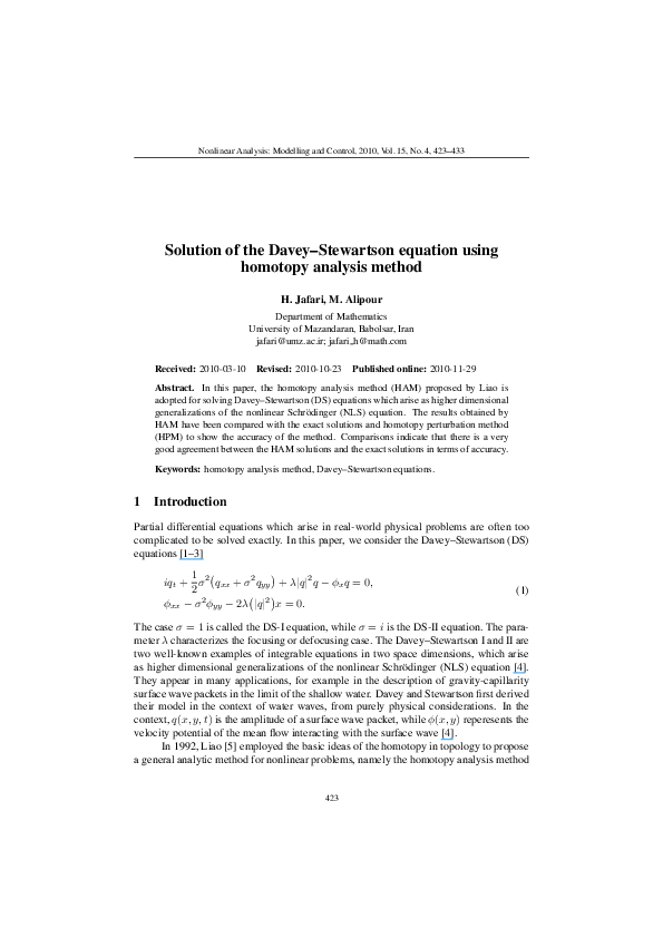 Pdf Solution Of The Davey Stewartson Equation Using Homotopy Analysis Method