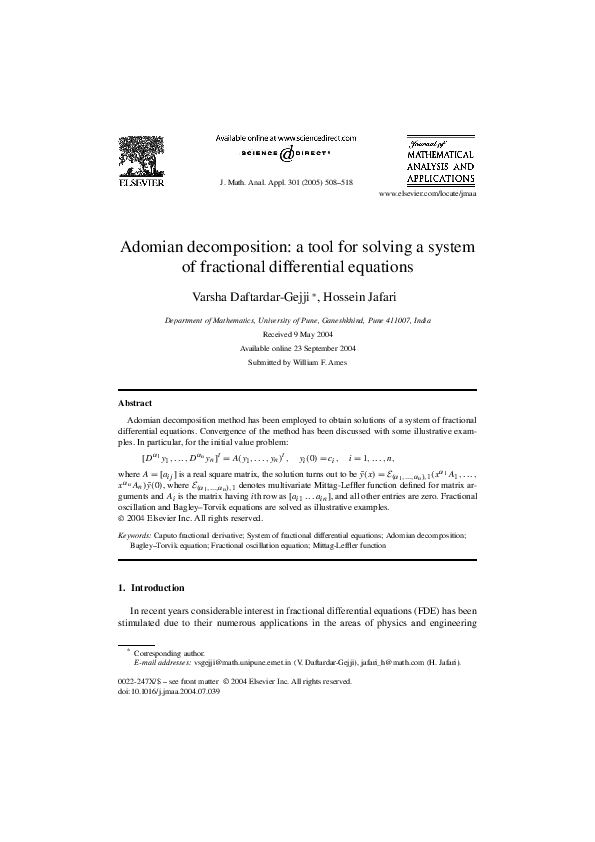 Pdf Adomian Decomposition A Tool For Solving Fractional Differential
