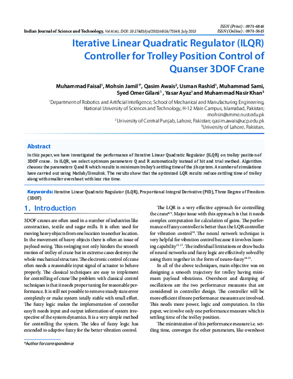 Pdf Iterative Linear Quadratic Regulator Controller For Trolley