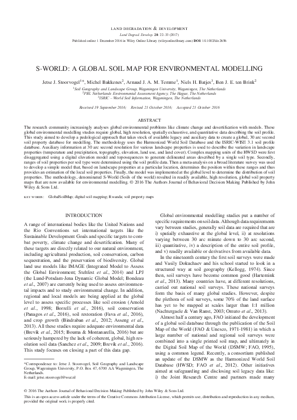 (PDF) S-WORLD: A GLOBAL SOIL MAP FOR ENVIRONMENTAL MODELLING
