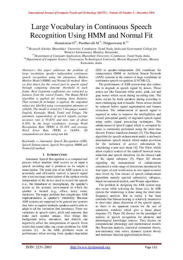 (PDF) Large Vocabulary in Continuous Speech Recognition Using HMM and Normal Fit