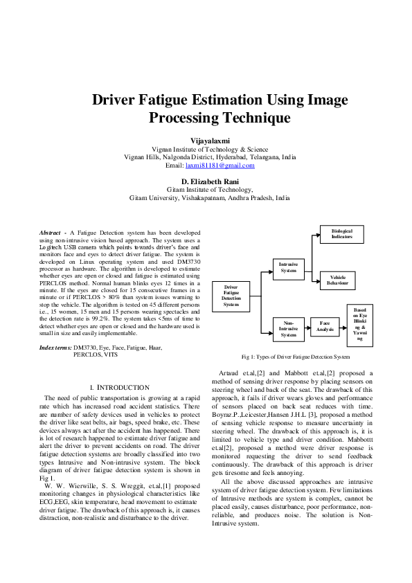 Pdf Driver Fatigue Estimation Using Image Processing Technique