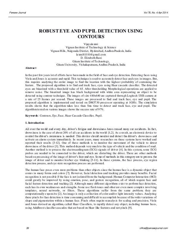 Pdf Robust Eye And Pupil Detection Using Contours