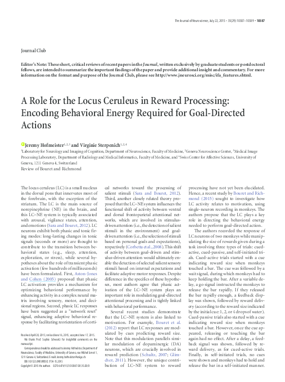 (PDF) A Role for the Locus Ceruleus in Reward Processing: Encoding ...