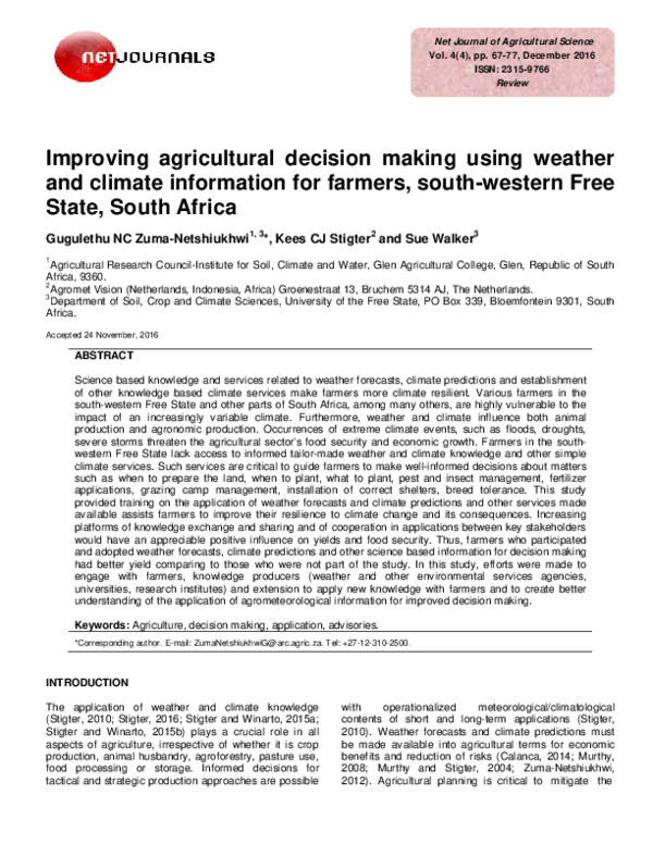 (PDF) Improving agricultural decision making using weather and climate ...