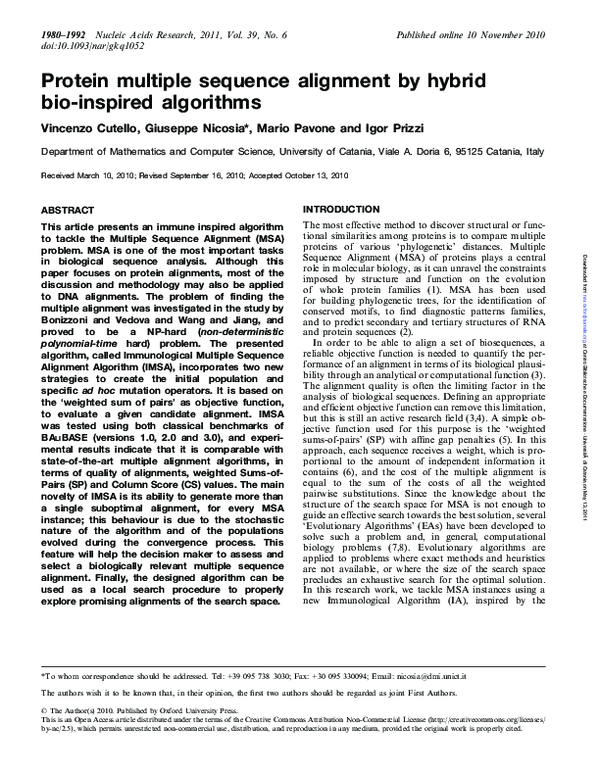 (PDF) Protein multiple sequence alignment by hybrid bio-inspired algorithms | Giuseppe Nicosia ...