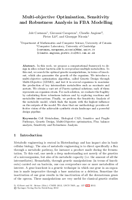 Pdf Multi Objective Optimisation Sensitivity And Robustness Analysis In Fba Modelling