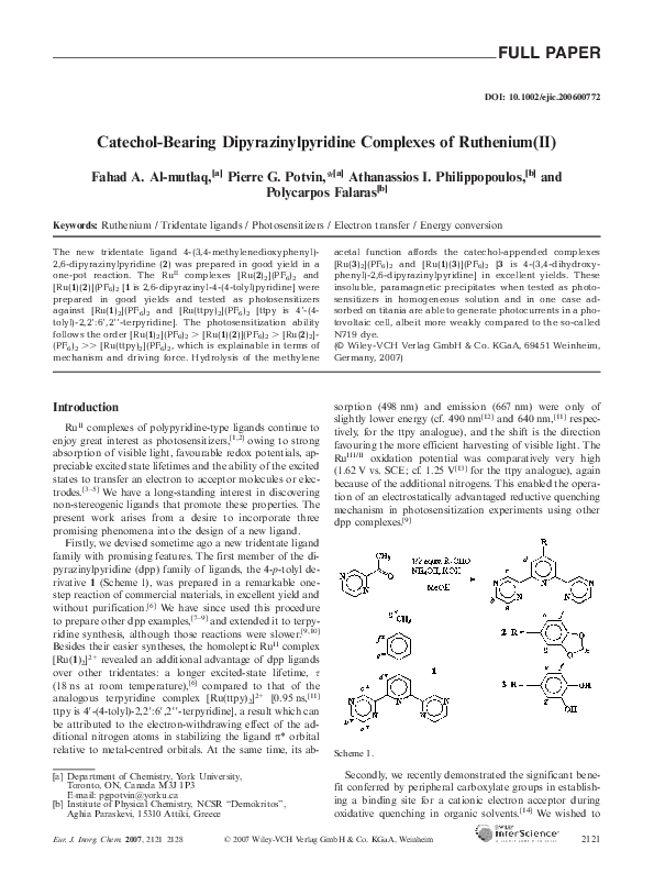 (PDF) Catechol-Bearing Dipyrazinylpyridine Complexes of Ruthenium(II)