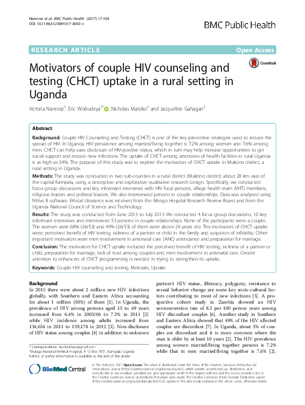 (PDF) Motivators of couple HIV counseling and testing (CHCT) uptake in ...
