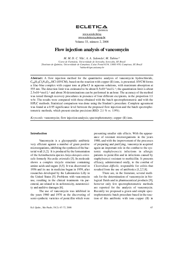 Pdf Flow Injection Analysis Of Vancomycin Acácia Salomão And Matthieu Tubino