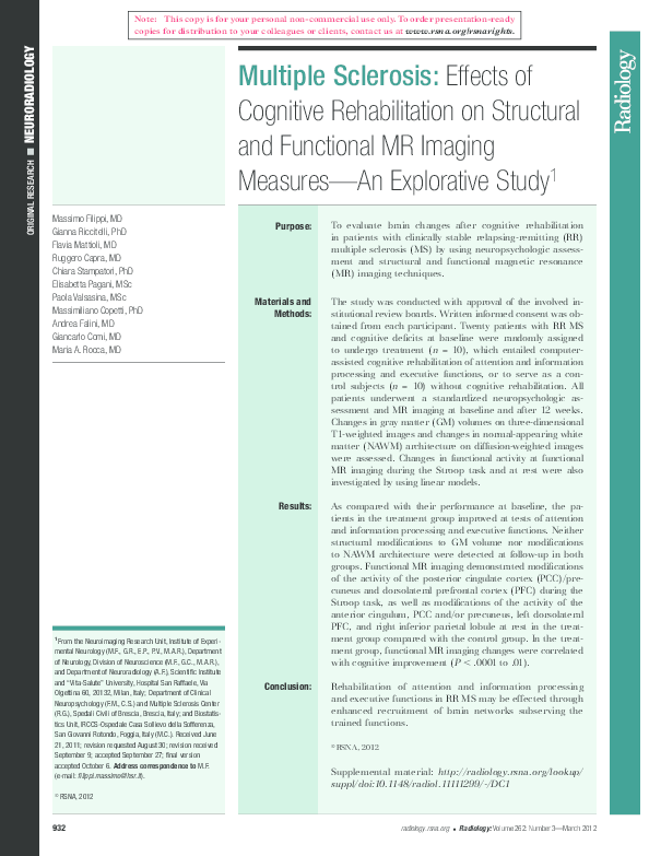 Multiple sclerosis: Effects of Cognitive Rehabilitation on Structural ...