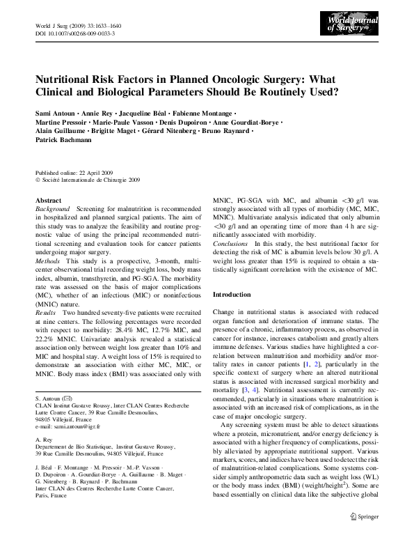 (PDF) Nutritional Risk Factors in Planned Oncologic Surgery: What ...
