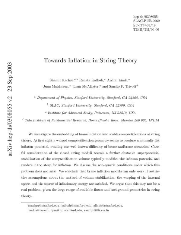 (PDF) Towards inflation in string theory