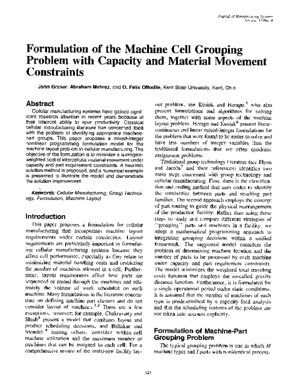 (PDF) Formulation of the machine cell grouping problem with capacity and material movement ...