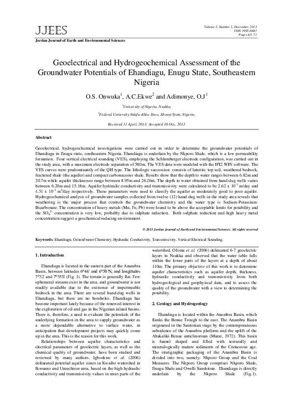 (PDF) Geoelectrical and Hydrogeochemical Assessment of the Groundwater Potentials of Ehandiagu ...