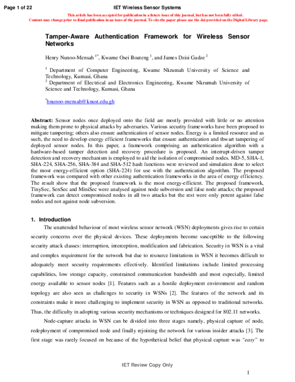 (PDF) Tamper-Aware Authentication Framework for Wireless Sensor Networks