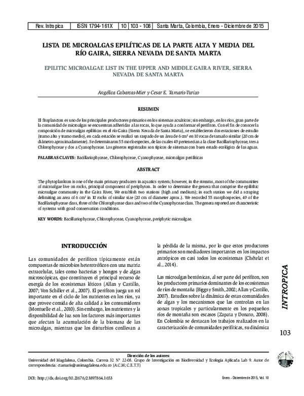 (PDF) EPILITIC MICROALGAE LIST IN THE UPPER AND MIDDLE GAIRA RIVER ...