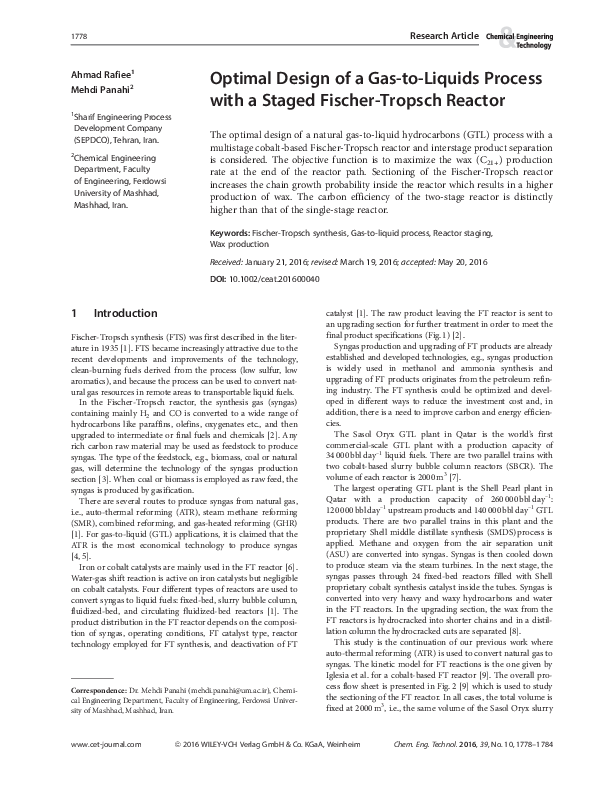 (PDF) Optimal Design of a Gas-to-Liquids Process with Staged Fischer ...