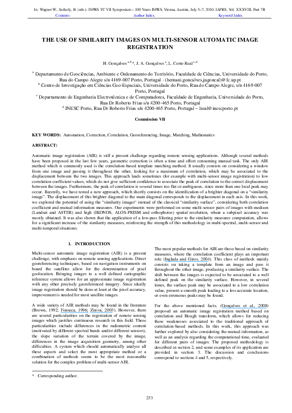 Pdf The Use Of Similarity Images On Multi Sensor Automatic Image Registration