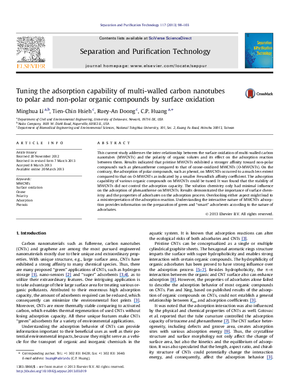 (PDF) Tuning the adsorption capability of multi-walled carbon nanotubes to polar and non-polar ...