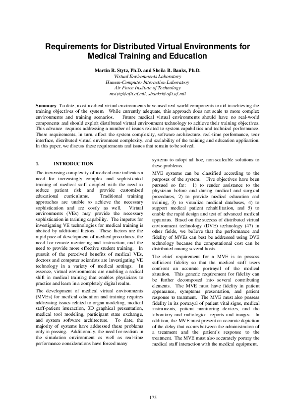 (PDF) Requirements for Distributed Virtual Environments for Medical ...