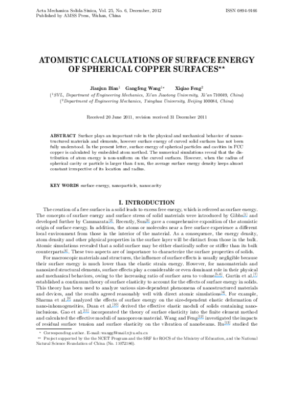 (PDF) Atomistic calculations of surface energy of spherical copper surfaces