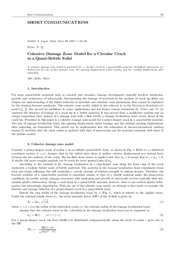 (PDF) Cohesive Damage Zone Model for a Circular Crack in a Quasi ...