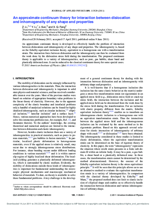 (PDF) An approximate continuum theory for interaction between dislocation and inhomogeneity of ...