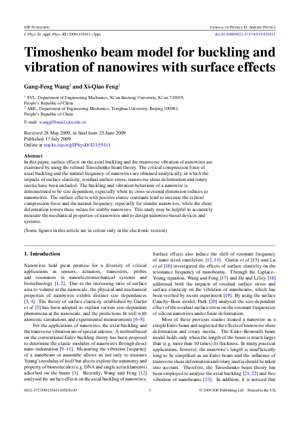 (PDF) Timoshenko beam model for buckling and vibration of nanowires with surface effects