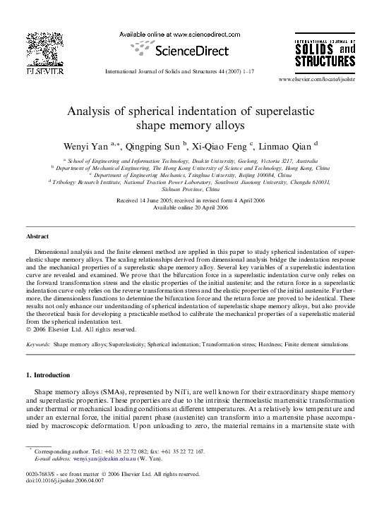 (PDF) Spherical Indentation Analysis of Superelastic Shape Memory Alloys