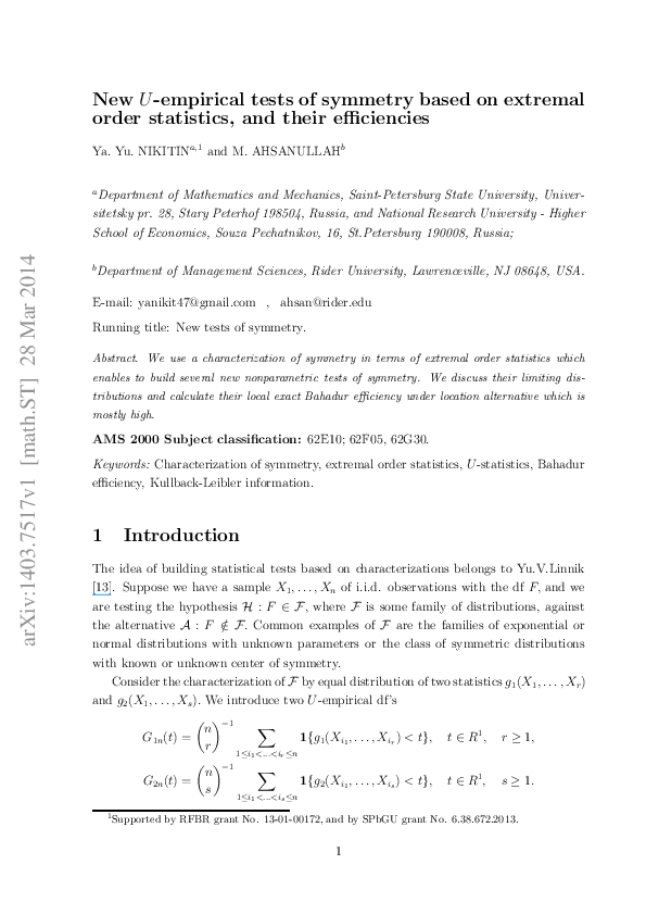 (PDF) New $ U $-empirical tests of symmetry based on extremal order ...