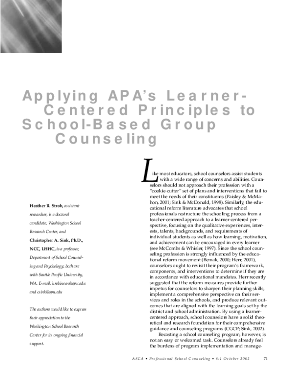 (PDF) Applying APA's Learner-Centered Principles to School-Based Group ...