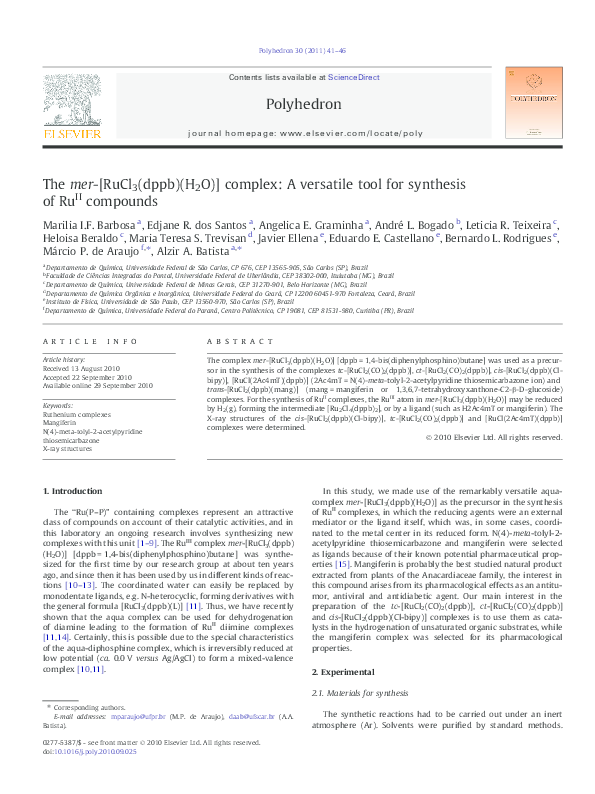 (PDF) The mer-[RuCl3(dppb)(H2O)] complex: A versatile tool for ...