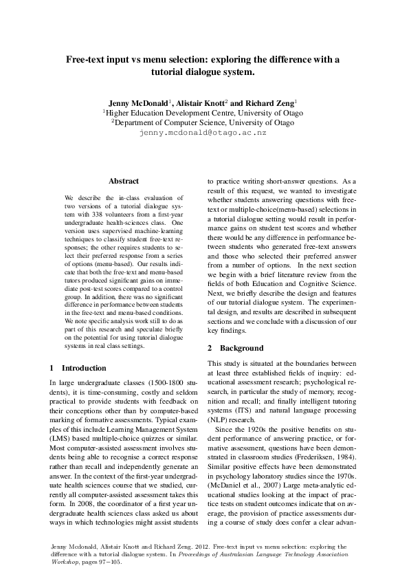 (PDF) Free-text input vs menu selection: exploring the difference with a tutorial dialogue system