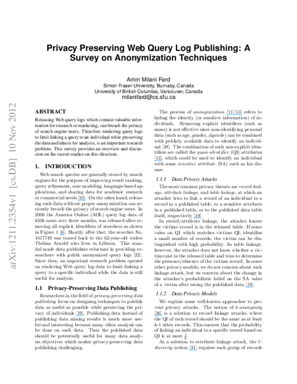 (PDF) Privacy Preserving Web Query Log Publishing: A Survey on Anonymization Techniques