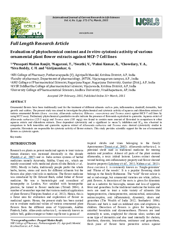 (PDF) Evaluation of phytochemical content and In vitro cytotoxic activity of various ornamental ...