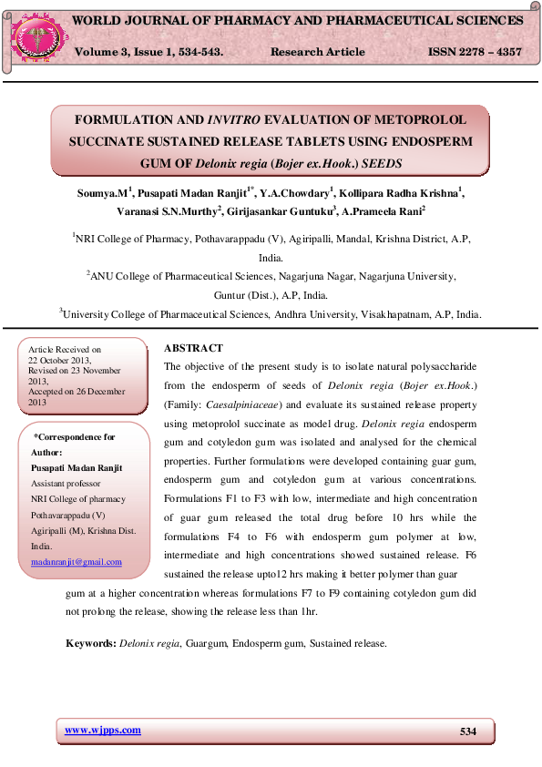 Pdf Formulation And Invitro Evaluation Of Metoprolol Succinate Sustained Release Tablets Using