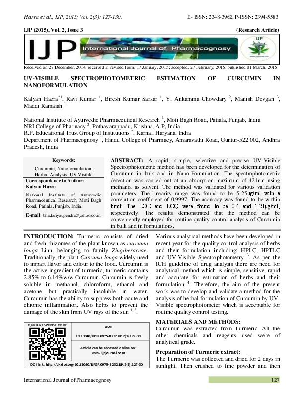(PDF) Uv-Visible Spectrophotometric Estimation of Curcumin in ...