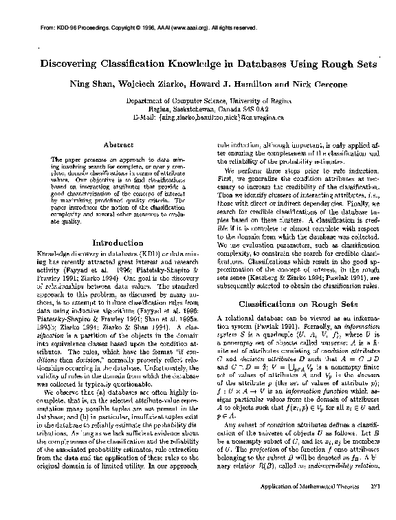 (PDF) Discovering Classification Knowledge in Databases Using Rough Sets
