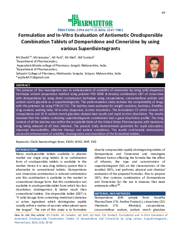 (PDF) Formulation and In-Vitro Evaluation of Antiemetic Orodispersible Combination Tablets of ...