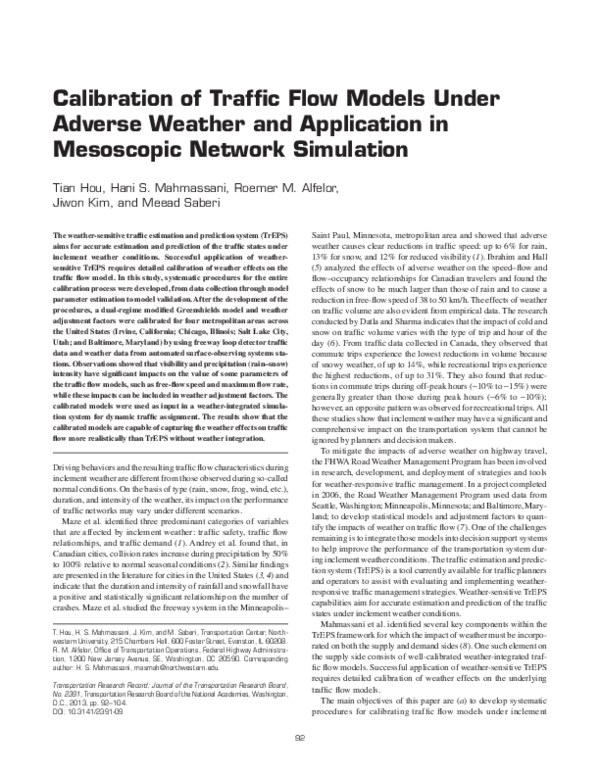 (PDF) Calibration of Traffic Flow Models Under Adverse Weather and Application in Mesoscopic ...