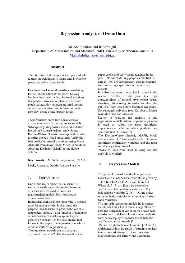 (PDF) Regression Analysis of Ozone Data
