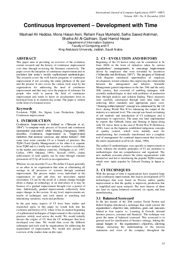 (PDF) Continuous Improvement Development with Time